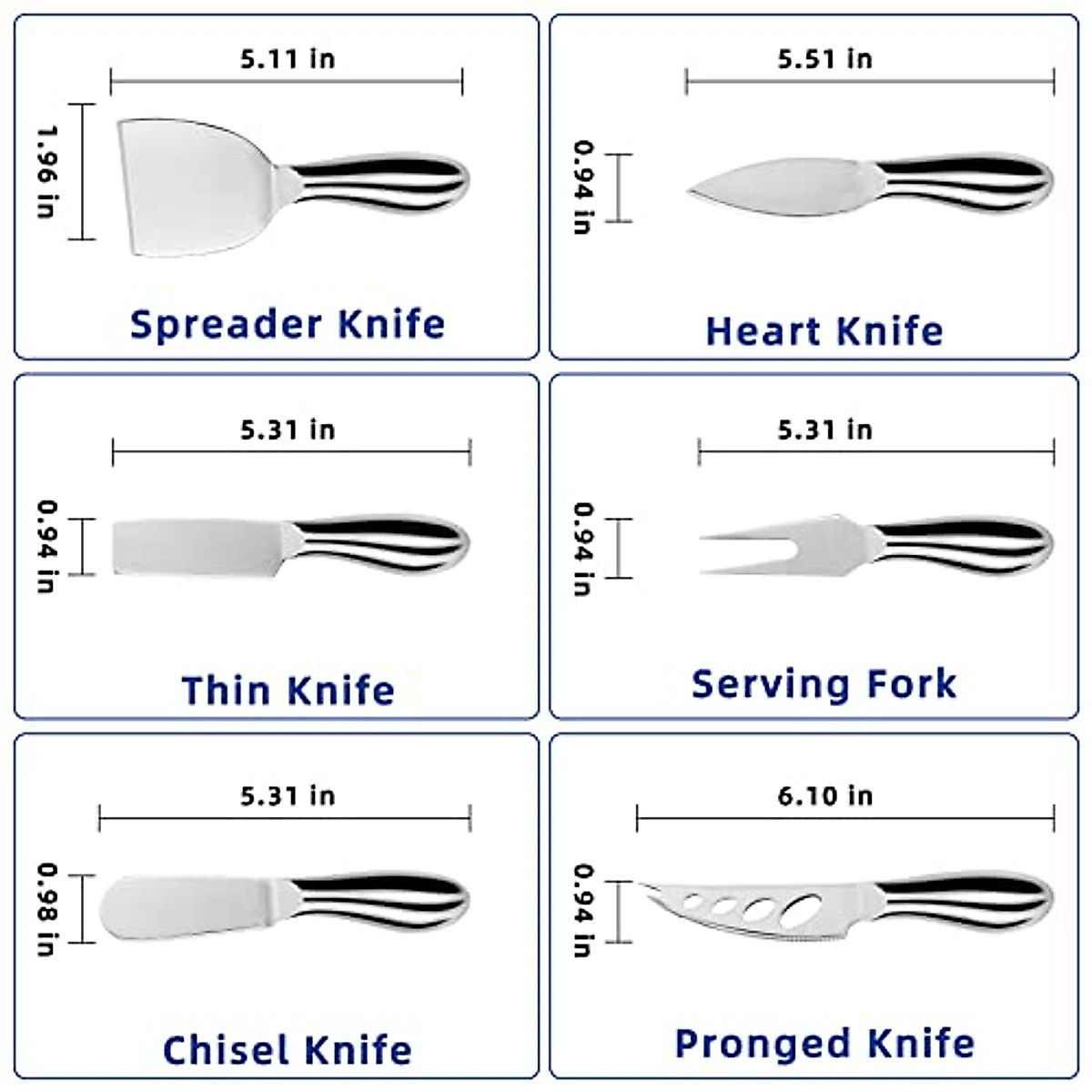 Outamateur 6-Piece Cheese Knives Set,Stainless Steel Cheese Knife Collection of Cheese Slicer/Cutter/Spreader/Fork for Family Parties,Cutlery Gift Set,Charcuterie Boards (6-Piece with SS Handle)