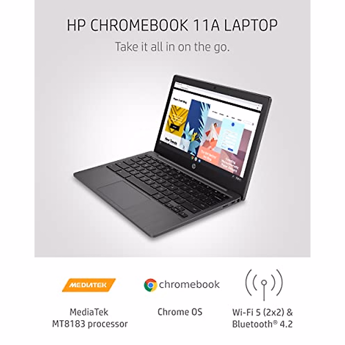 HP Chromebook 11 Laptop, MediaTek MT8183, 4 GB RAM, 64 GB eMMC, 11.6" HD Touchscreen, Chrome OS, Long Battery Life, USB-C Port, Custom-Tuned Speakers, Lightweight (11a-na0100nr, 2022, Ash Gray)