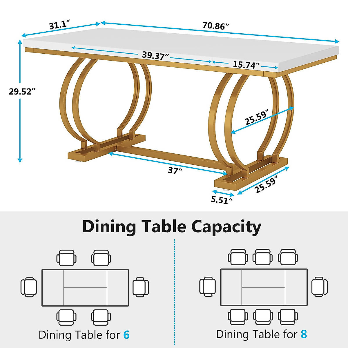 Tribesigns Modern Dining Table, 70.9 inches Wood Dinner Room Table for 6-8 People, Rectangular Kitchen Table with Gold Metal Circular Base for Kitchen, Dining Room, Living Room, White & Gold