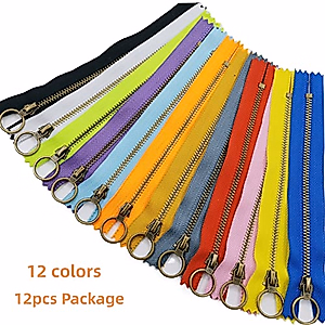 Metal Zippers 12pcs #3 Antique Brass Close-end Non-Separating Zippers Assorted Color for Purses Cosmetic Bags Pockets Handbags DIY Sewing 25cm/10inch