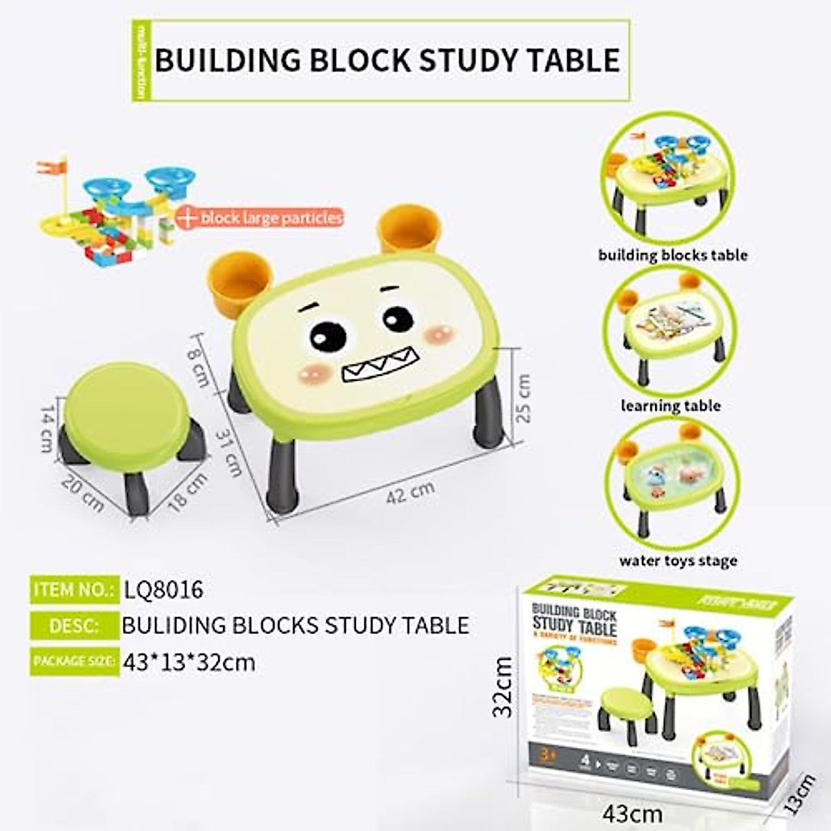 la-belle-vie 6-in-1 Activity Table for Kids, Sand/Water Table for Toddlers 1-3, Kids Table and Chair Set with Storage, 70 pcs Marble Run Building Blocks Classic Big Blocks (Green)