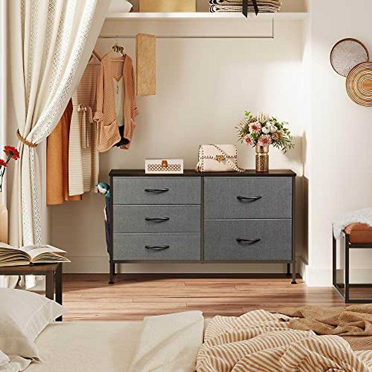 WLIVE 2-Drawer Nightstand, 5-Drawer Dresser and 8-Drawer Dresser Set, Fabric Storage Tower for Bedroom, Hallway, Nursery, Closets, Tall Chest Organizer Unit with Textured Print Fabric Bins, Steel Fram