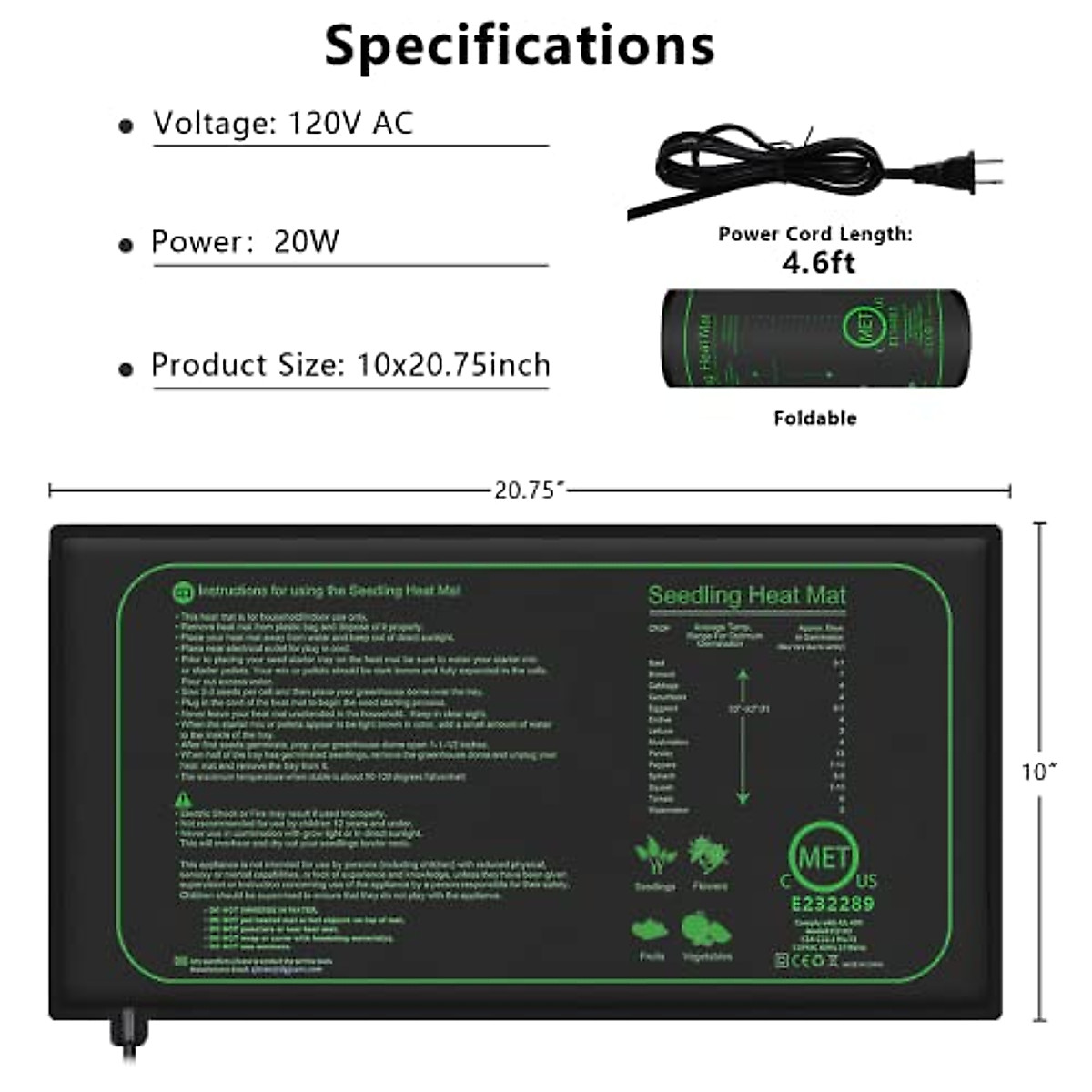 Seedling Heat Mat for Indoor Home Gardening Seed Starting, 10"x 20.75" Plant Heating Pad, Warm Germination Hydroponic MET Certified Waterproof, 21W(2 Count (Pack of 1))