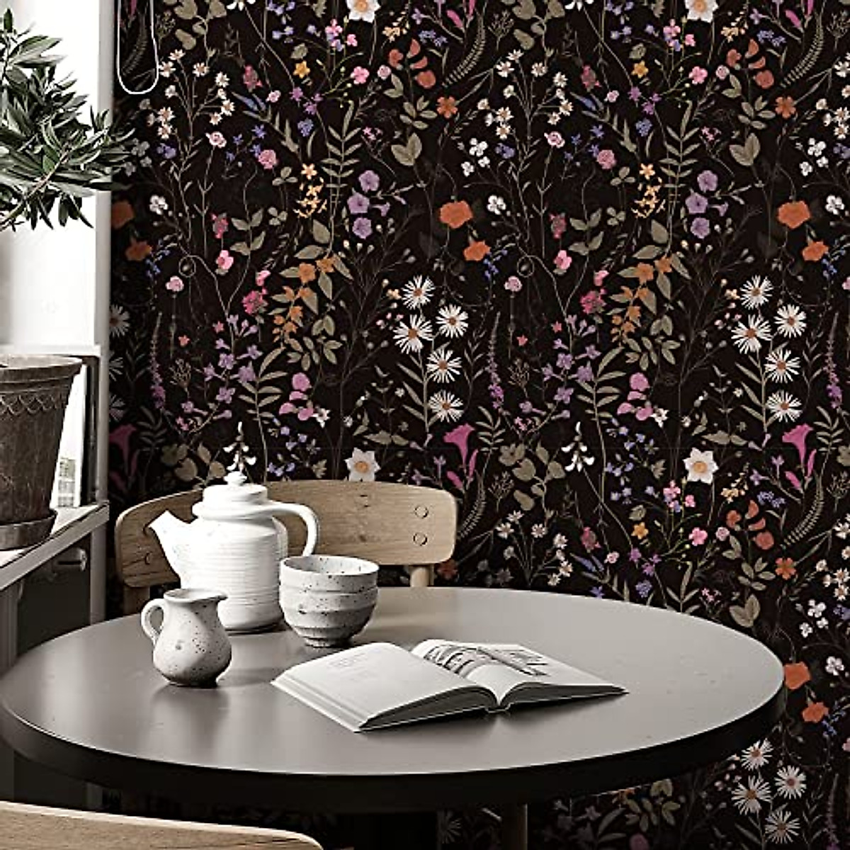 Wallpaper Self-Adhesive Blooming Vintage Colourful Flowers Wall Paper for Bedroom Living Room Cabinet, Peel and Stick Beige Sketch Little Flowers Wallpaper Mural 7.1 sq. feet (17.3''''x59.1'', Black)