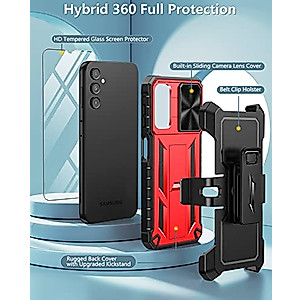 FNTCASE Case for Samsung Galaxy A14-5G: Military Grade Drop Protection Rugged Protective A14 Cell Phone Cover with Belt-Clip Holster Kickstand & Slide | Shockproof Heavy Duty Matte Tough Shell - Red