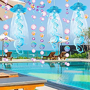 Akaz Honeycomb Jellyfish Bubble Garland Party Blue Rainbow Transparent Bubble Garland Ocean Theme Party Decoration,Holiday Party Baby Shower Mermaid Party HomesKindergarten Decor