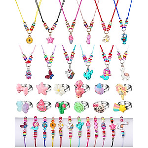 36 Pcs Kids Jewelry for Girls Adjustable Woven Friendship Bracelets Necklaces and Rings Set with Animal Mermaid Unicorn Butterfly Flower Pendants for Toddler Pretend Play Dress up Party Favor(Fresh)