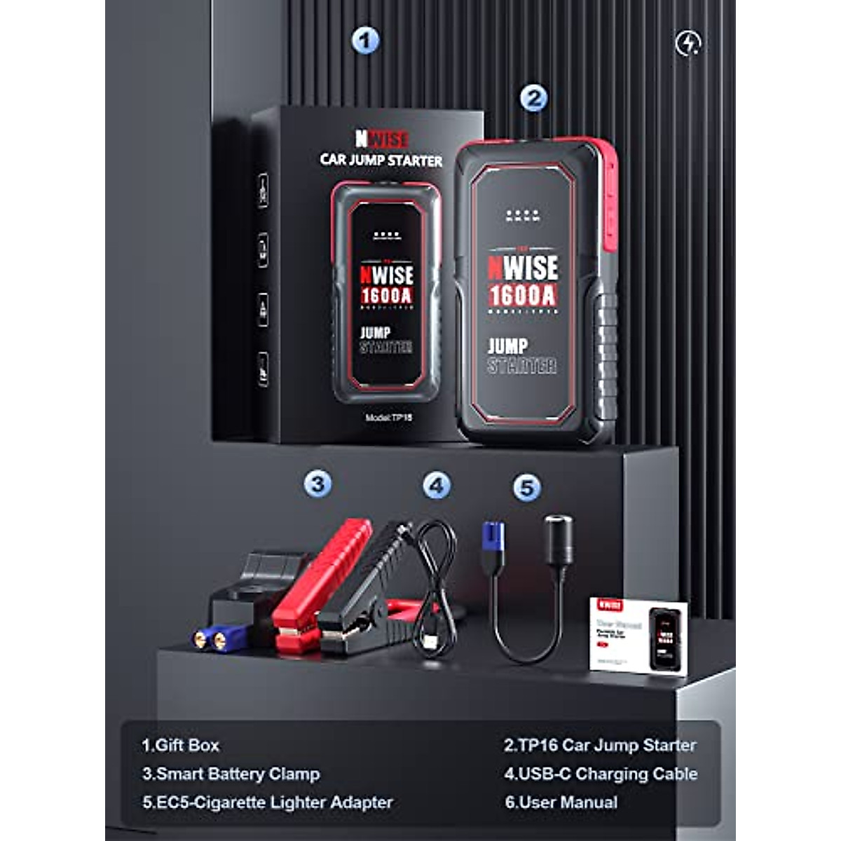 NWISE Battery Jump Starter, 1600A Peak Portable Car Jump Starter with Smart Safety Jumper Clamps,12V Jump Boxes for Cars with Dual USB Quick Charge 3.0, LED Light