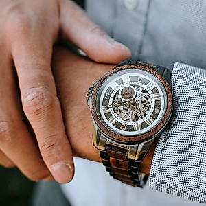 HOLZKERN Jemaa Men’s Watch, 43mm Silver Skeleton Dial, Brushed Stainless Steel Strap, Vintage Watch for Men