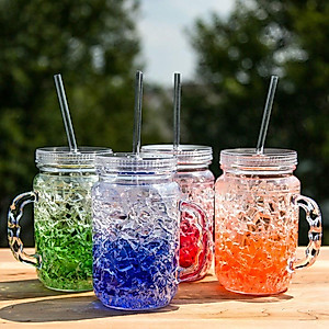 Lily's Home Double Wall Gel-Filled Acrylic Freezer Mason Jar Mugs with Lids and Straws, Great as Old Fashion Drinking Glasses at BBQs and Parties, Assorted Colors (18 oz. Each, Set of 4)