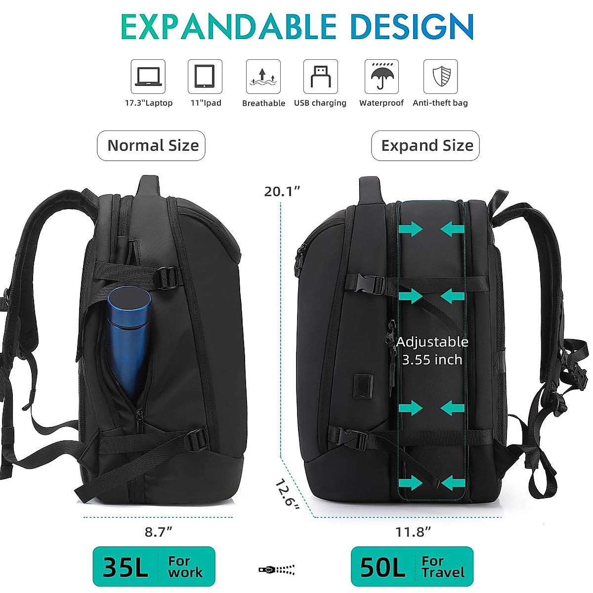 TANGCORLE Travel Carry on Backpack 50L Expandable Flight Approved Backpacks 17.3 inch Laptop and USB Charging Port bags Water Resistant Business Back Pack for Women & Men…