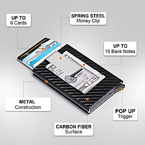 SLUKULU Slim Wallet for Men with Money Clip and Credit Card Holder, RFID Blocking Carbon Fiber Wallet,Minimalist Pop-Up Metal Front Pocket Wallet. (Black)