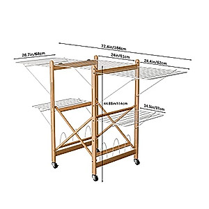 tonchean Collapsible Drying Racks for Laundry with Wheels, Heavy Duty Commercial Foldable Laundry Drying Rack Wooden Clothes Drying Rack Free Standingwith Adjustable Iron Wings