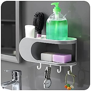 DECADOM Small Shower Caddy Adhesive Storage Organizer Durable Bath Space-Saving Design with 4 Removable Hooks Ideal for Sponge and Shelving Decor, Washroom and Kitchen Essential, Color Gray