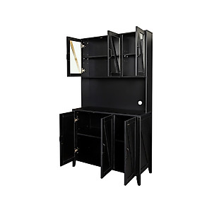 DHHU Tall, Large Pantry Storage Glass Doors, Drawers & Open Shelves, Freestanding Kitchen Cupboard Buffet Cabinet for Living Room, Black
