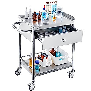 VEVOR Medical Cart, 2-Layer Stainless Steel Cart 220 lbs Weight Capacity, Lab Utility Cart with 360° Silent Wheels and a Drawer for Lab, Clinic, Kitchen, Salon