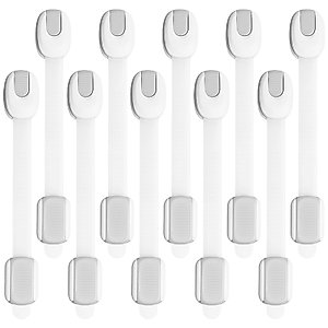 Mum & Cub Child Safety Strap Locks, Baby Proofing Locks for Cabinet, Drawer, Fridge, Toilet, Oven, Dresser and More, Strong Adhesive, Easy to Use (10 Locks, 10 Outlet Plug Covers)