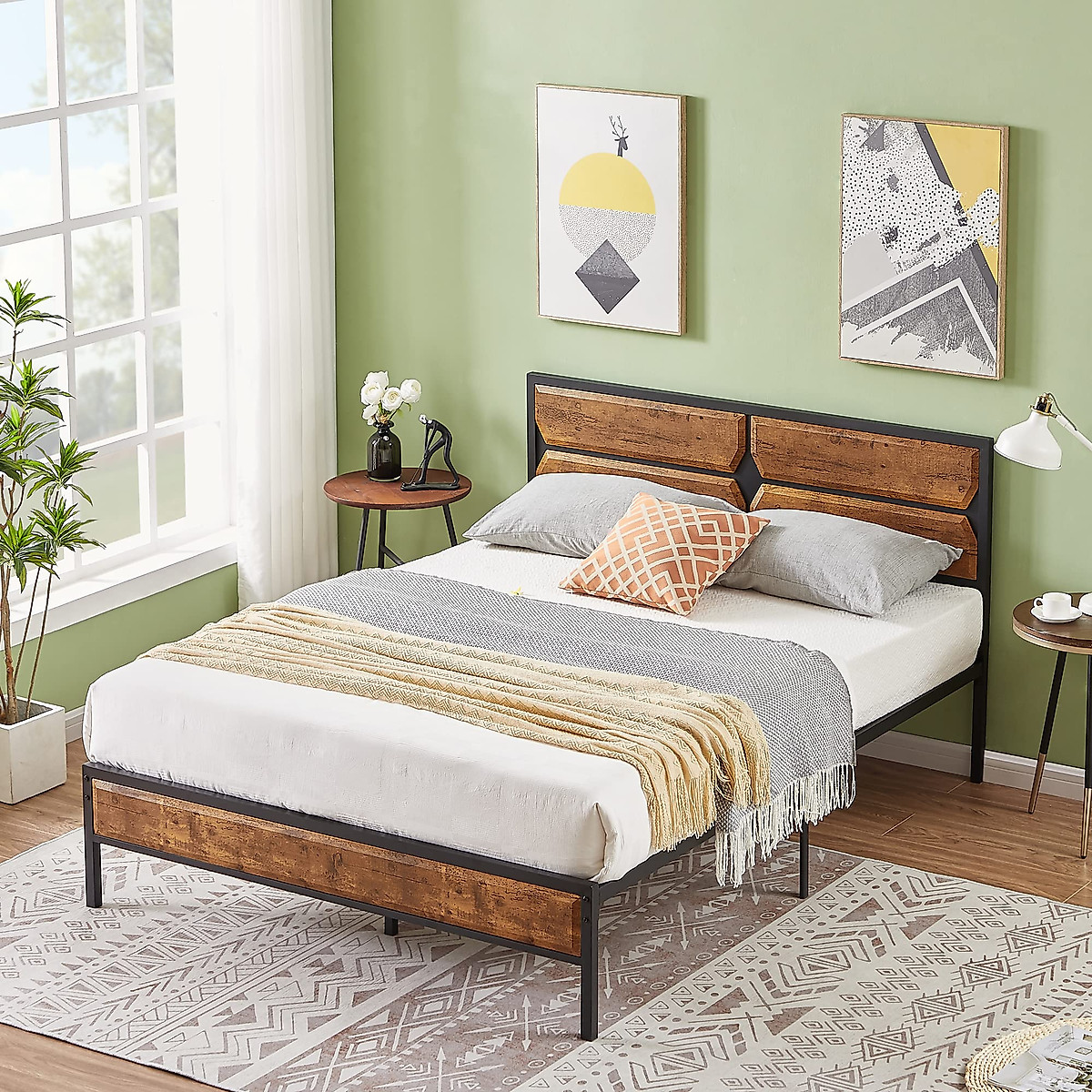 VECELO Full Bed Frame Metal Platform with Wooden Headboard & Footboard Mattress Foundation Strong Metal Slats Support No Box Spring Replacement/Easy Assemble