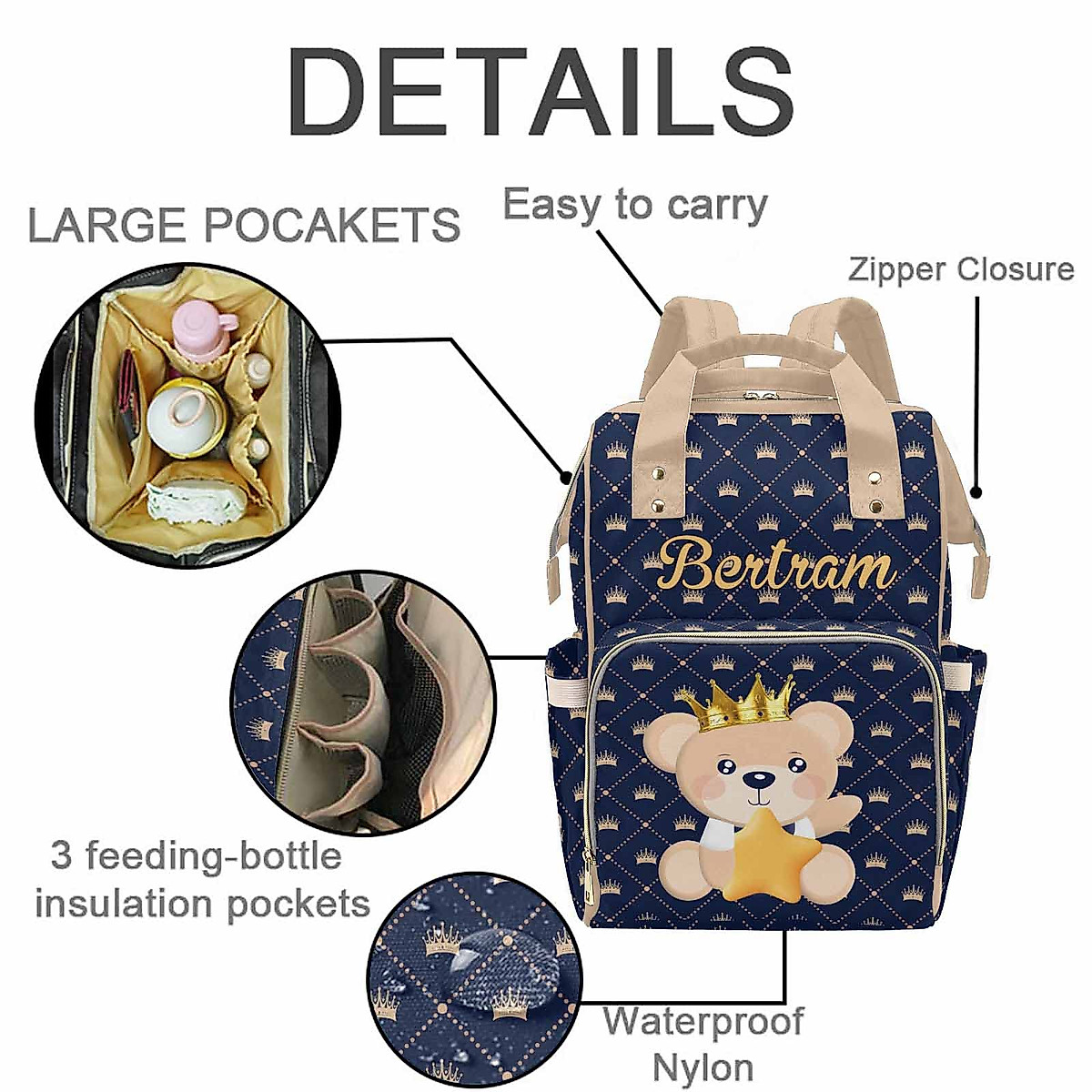 M YESCUSTOM Customized Prince Bear Diaper Bag for Boys Girls Baby, Personalized Blue Crown Cute Mommy Daypack with Name, Nylon Waterproof Backpack for Travel, Lovely Custom Gift for Women