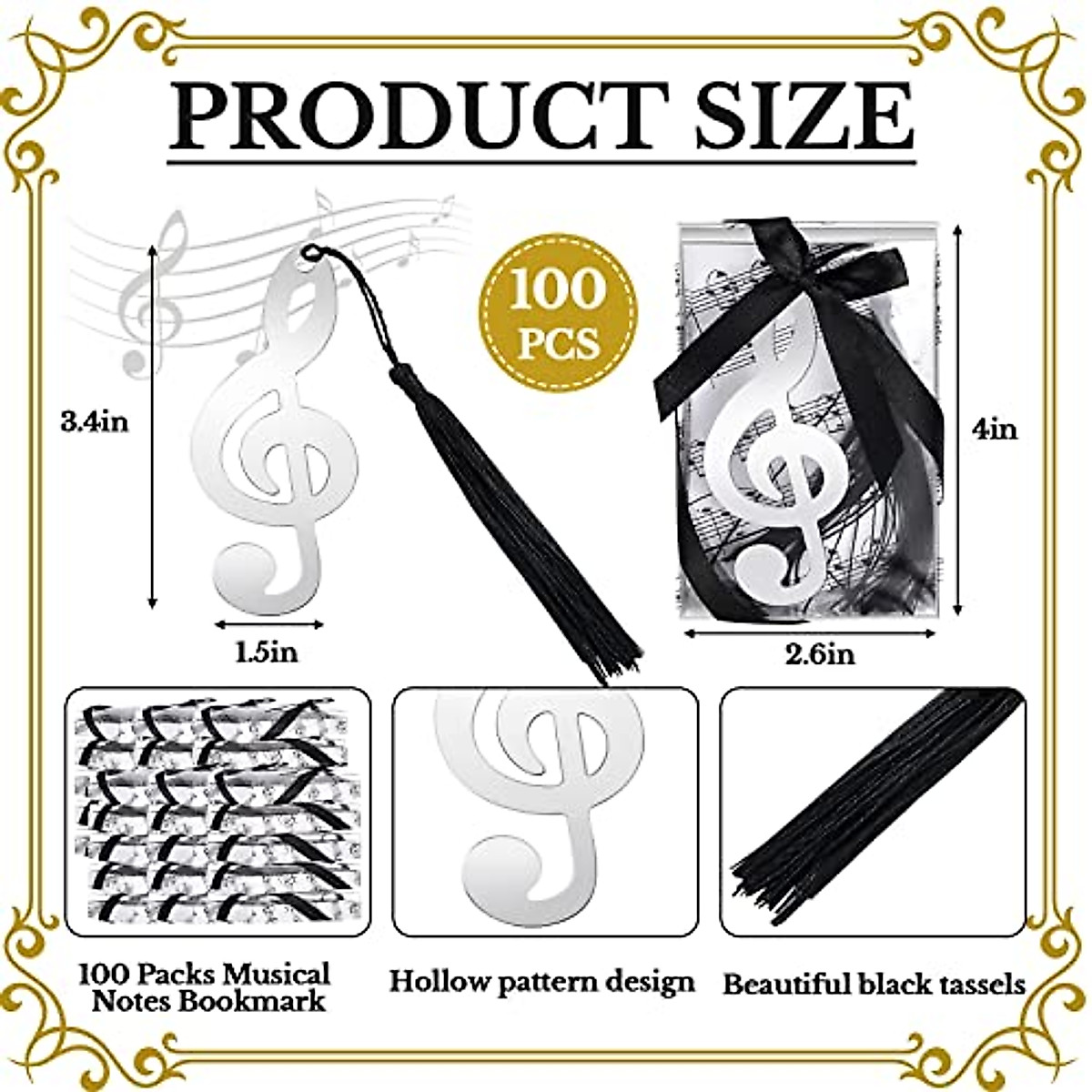 100 Pcs Musical Notes Bookmarks with Elegant Silk Tassel Music Metal Bookmarks Musical Wedding Favors Music Party Favors Gifts with Tassels and Gift Box for Students Band Office Book Piano Decorations