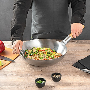 Restaurantware-Motomori 13.38 Inch Hand-Hammered Carbon Steel Wok, 10 Traditional Japanese Wok - Flat Bottom, Wooden Handle, Black Carbon Steel Traditional Stir Fry Pan, With Helper Handle
