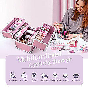 Frenessa Makeup Train Case Cosmetic Organizer Case Portable Travel Storage Box 4 trays with Dividers Lockable Make Up Case for Makeup Artist, Nail Tech, Crafter Makeup Tools Makeup Toiletry Case