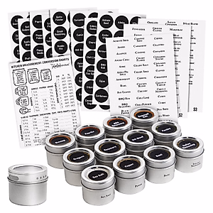 Set of 12 Magnetic Spice Jars for Refrigerator, Seasoning Containers with Shaker Lids, 269 Preprinted Sticker Labels for 3oz Herb Tins