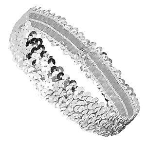 Mandala Crafts Sparkle Silver Sequin Headbands for Women Girls - 12 Glitter Stretch Elastic Sequin Headband Set for Fashion Dance Disco Party Favor