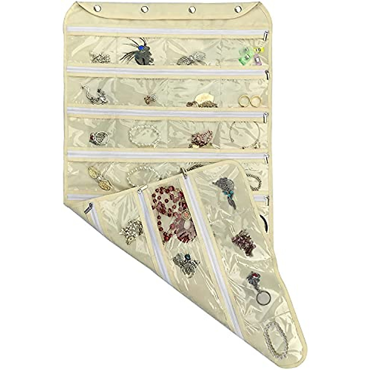 BB Brotrade Hanging Jewelry Organizer,Double Sided Jewelry Storage Organizer,80 Zipper Clear PVC Pockets for Holding Necklaces, Bracelets, Rings, Earrings