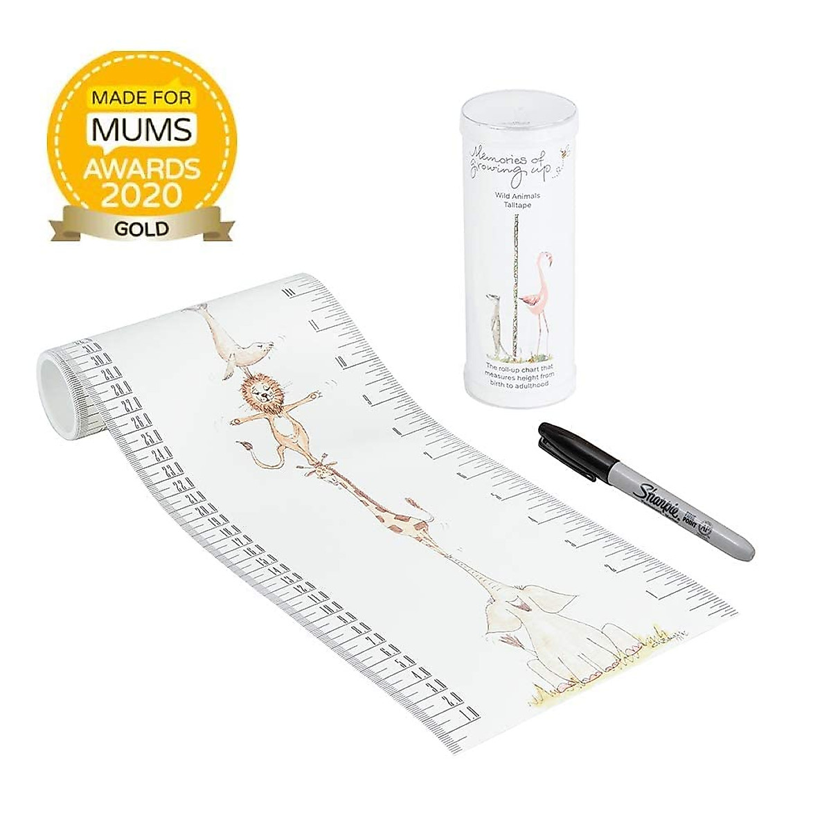 TALLTAPE - Portable Roll-up Height Chart Plus 1 Sharpie Marker Pen to Measure Children Growth from Birth, Choice of 10 Designs, a Memento for Life (Luxury Wild Animal, Large Talltape)