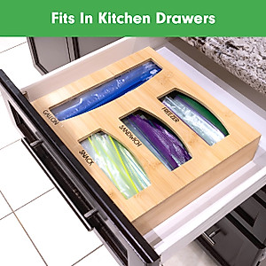 Foil and Plastic Wrap Organizer - Zip Lock Bag Organizer Plastic Wrap Dispenser with Cutter – Premium Bamboo Plastic Bag Organizer with Paper Towel Holder – Easy Installation