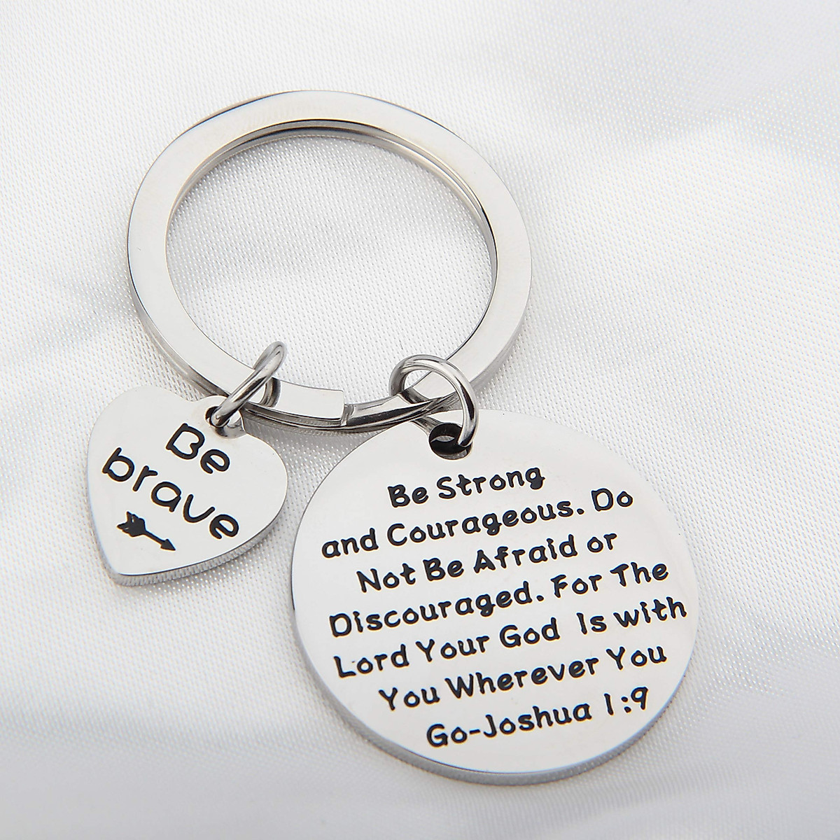 FEELMEM Joshua 1:9 Be Strong And Courageous Religious Keychian Be Brave Inspirational Keyring Scripture Jewelry Christian Gift (silver)