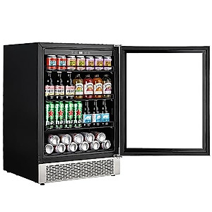VEVOR Cooler 154 Cans Capacity Refrigerator Under Counter Built-in or Freestanding Beverage Fridge with Blue LED Light, Tempered Glass Door, Child Lock for Drink Soda Wine, Silver
