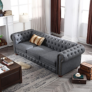 Lepfun Faux Leather Upholstered 3-Seater Living Room Button and Copper Nail on Arms, Classic Chesterfield Sofa, Dark Grey