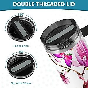 Yasala Car Tumbler with Handle Pinks Magnolia Butterfly Travel Mug Coffee Cup Insulated Beverage Container Mega Cup for Hot Cold Drinking Thermos Water Bottle Cupholder Friendly 40 oz