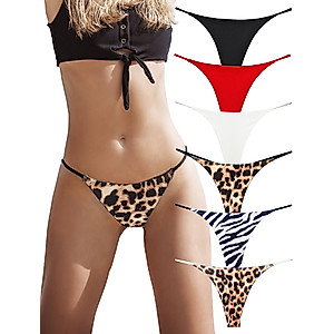 KUKU PANDA Sexy G String Thongs for Women Stretchy Cotton Panties Ladies No Show Underwear 6 Pack Set (B/W/R/Leopard, Medium)