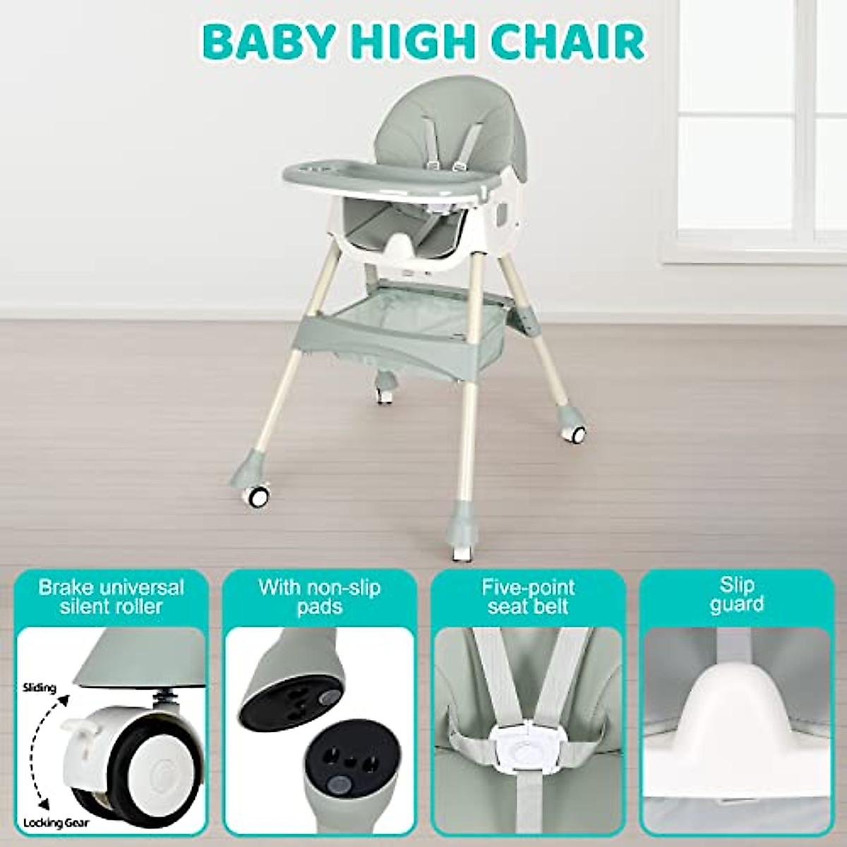 High Chair, MJKSARE Baby High Chair, High Chairs for Babies and Toddlers,Dining Tray & Backrest & Height Adjustable, Five-Point Safety Belt, Non-Slip Foot Pad, Foldable High Chair to Save Space