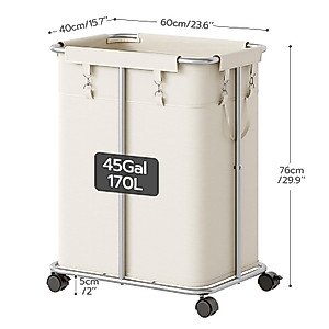 HOOBRO Laundry Basket with Wheels, 45 Gallons (170L) Rolling Laundry Hamper, Narrow Slim Laundry Sorter with Removable Oxford Fabric Bag, Laundry Room, Dorm Room, Bedroom, Beige and Silver SW05XY01