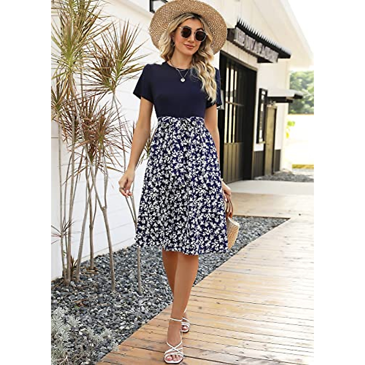 Berydress Knee Length Dress for Women Summer Casual Short Sleeve Modest A-Line Belt Party Work Dress with Pockets (S, 6188-Navy Floral)