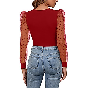 Womens Long Sleeve Tops Winter Crewneck Fashion Polka Dots Sheer Mesh Red L