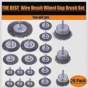 WENORA 20 Pack Wire Brush Wheel for Drill Set, Wire Brush for Drill 1/4 Inch Hex Shank 0.012 inch Coarse Carbon Steel, Wire Wheel for Drill for Cleaning Rust and Abrasive,Wire Brush Drill Attachment