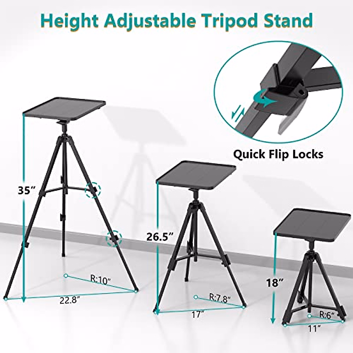 WALI Projector Tripod Stand, Portable Holder Mount for Universal Projector, Laptop, DJ Equipment with Adjustable Height 18 to 35 Inch, Perfect for Office, Home, Stage or Studio Use (PRS001), Black
