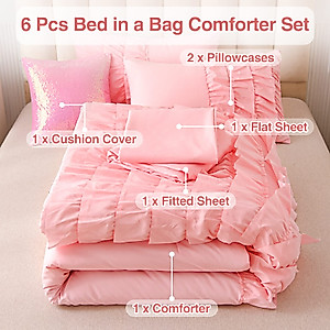 A Nice Night Waterfall Flutter Ruffle Comforter Set,Ruffled Textured Soft Chic Princess 6pcs Bedding Set,with Bling Shiny Sequin Throw Pillow Case,Pink,Twin