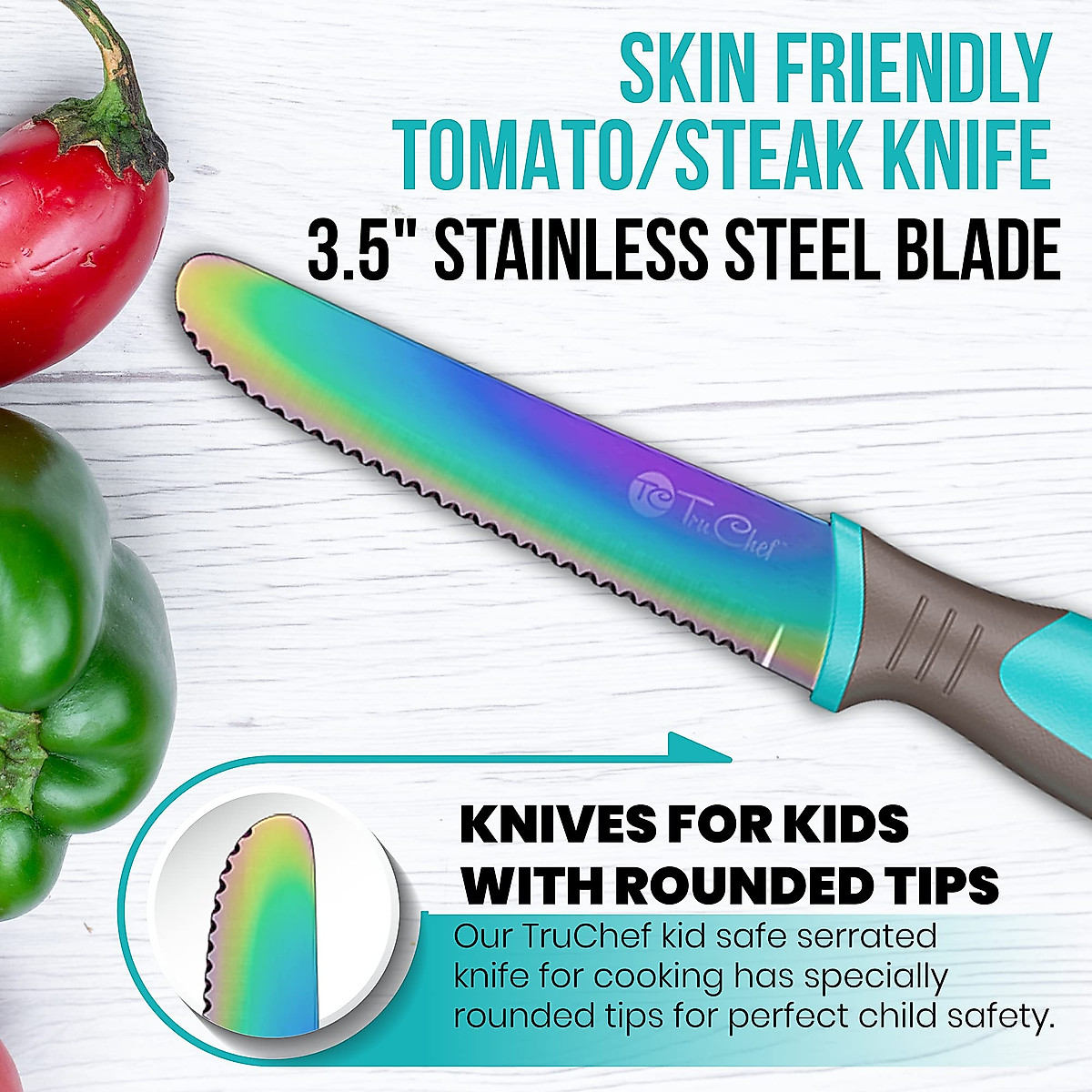 TruChef Kids Tomato Steak Knife Set for Real Cooking (Aqua) - 2pcs - Skin Friendly Serrated Edge Stainless Steel Lightweight - Safe for Children & Beginners