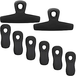 COOK WITH COLOR Set of 8 Bag Clips- 2 Large Heavy Duty Chip Clips and 6 Refrigerator Magnet Clips for Food Storage with Air Tight Seal Grip for Snack Bags and Food Bags (Black)