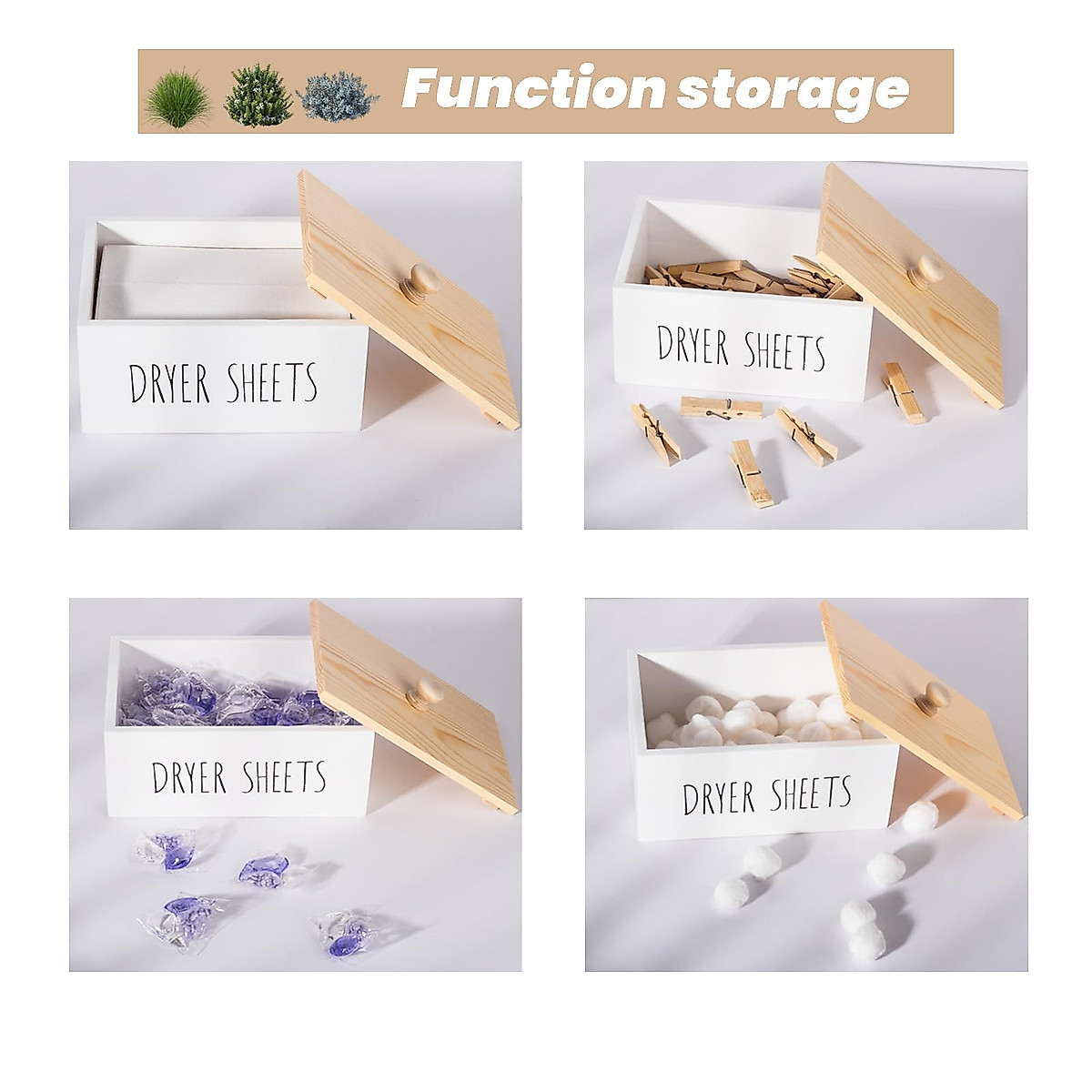 zoocatia Laundry Room Decor Dryer Sheet Container Wood Detergent Dispenser Holder Organization and Storage Box with Lid for Dryer Balls, Laundry Pods, White