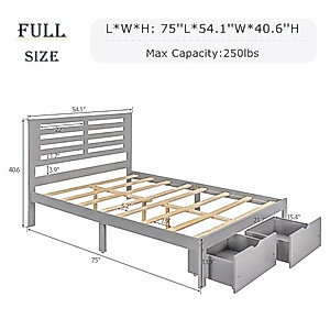 Full Size Bed Frame with 2 Drawers, Full Bed Frame with Storage, Wooden Platform Bed Frame with Headboard, Noise Free, No Box Spring Needed for Teens Adults Bedroom (Gray)