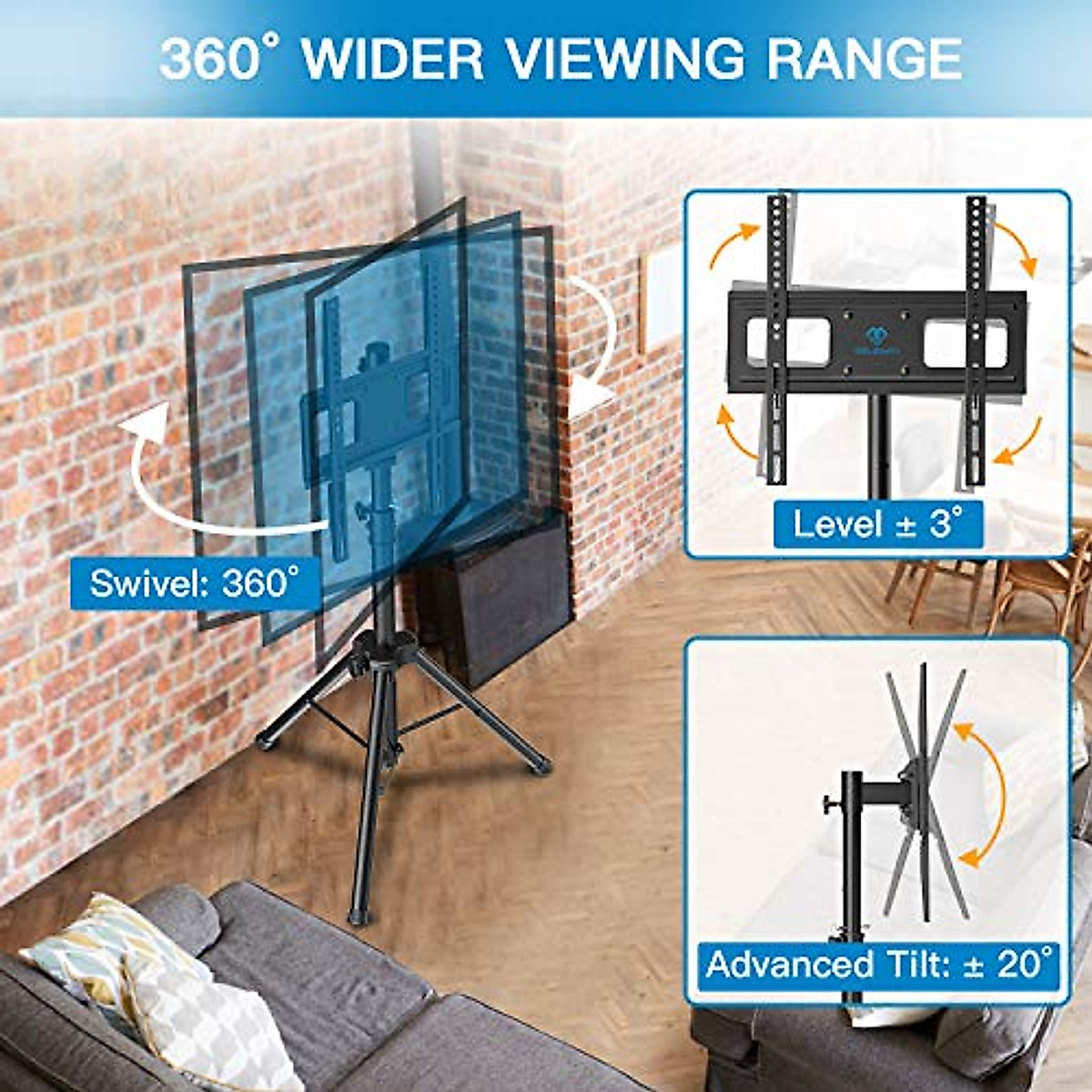 PERLESMITH TV Tripod Stand-Portable TV Stand for 23-60 Inch LED LCD OLED Flat Screen TVs-Height Adjustable Display Floor TV Stand with VESA 400x400mm, Holds up to 88lbs PSTM1
