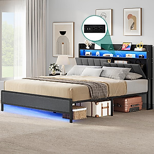 YITAHOME King Size Bed Frame, LED Bed Frame with Storage Headboard, Platform Upholstered Bed with Charging Station, Heavy-Duty Metal Slats, No Box Spring Needed, Fast Assembly - Gray
