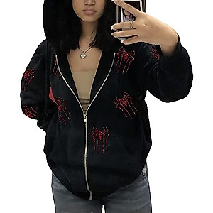 Rvnsu Women's long-sleeved full-zip hoodie novelty rhinestone hooded sweatshirt, Y2K street hip-hop sweatshirt with kangaroo pocket(Red,M)